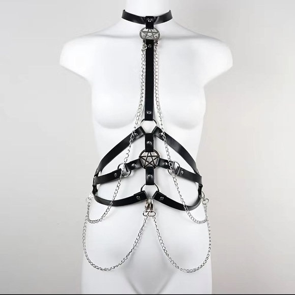 Accessories | Black Faux Leather Strap Chain Harness Belt Waist Chain ...